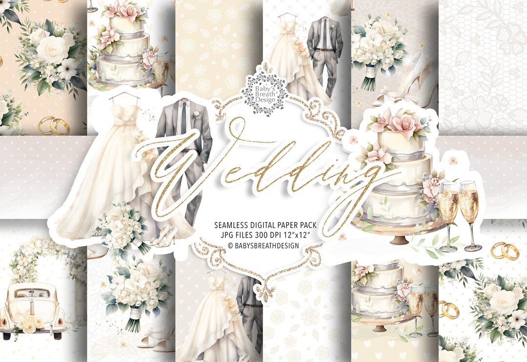 Watercolor Ivory Wedding Digital Paper Pack, Wedding Pattern, Romantic ...