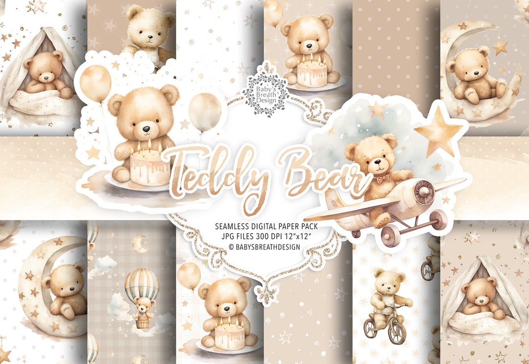 Beige Teddy Bear Digital Paper Pack, Sleepy Teddy Bears, Baby Bear ...