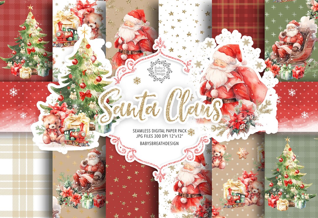 Watercolor Red Santa Claus Digital Paper Pack, Cute Christmas Pattern ...