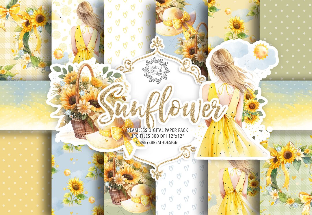 Watercolor Sunflower Digital Papers, Autumn Pattern, Summer Digital ...