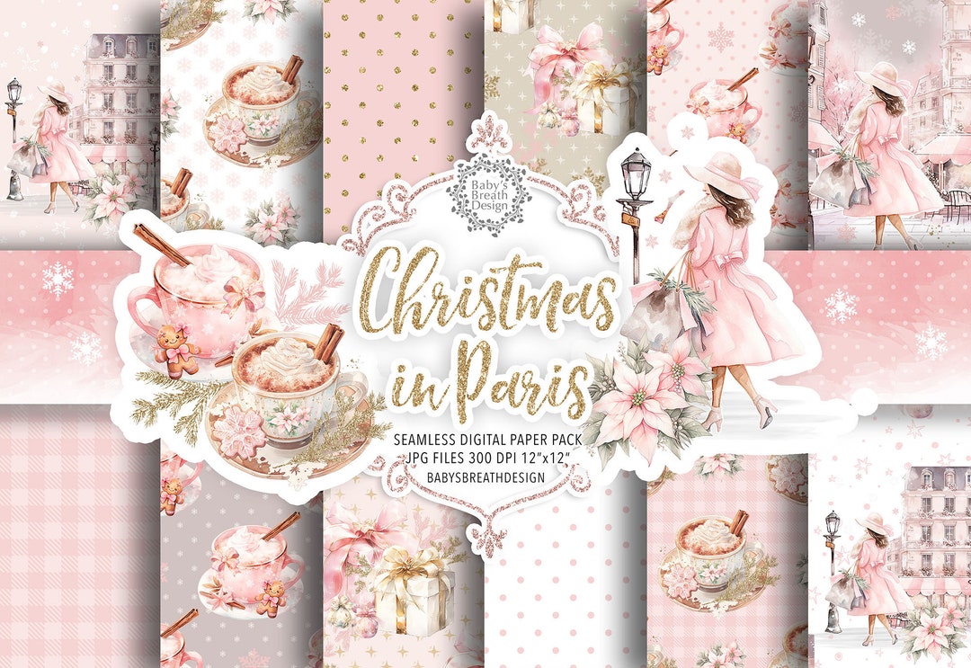 Christmas in Paris Pink Digital Paper Pack, Xmas Pattern, Christmas ...