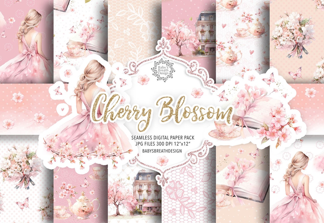 Watercolor Cherry Blossom Digital Paper Pack, Spring Pattern, Romantic ...