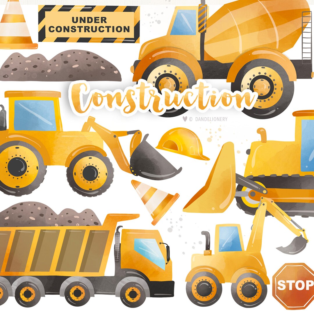 Watercolor Construction Clipart, Dump Truck, Bulldozer, Construction ...