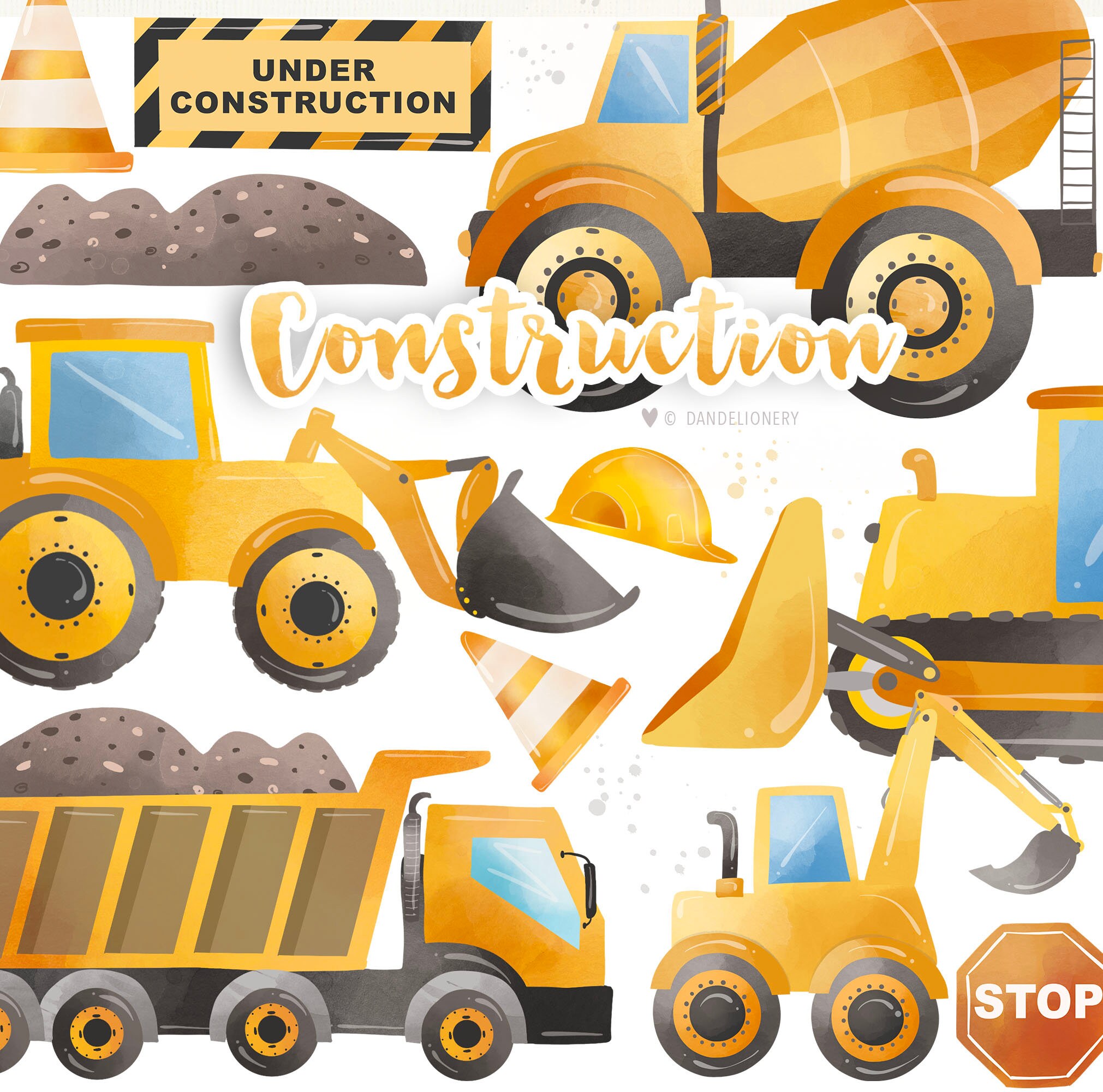 Watercolor Construction Clipart Dump Truck Bulldozer - Etsy