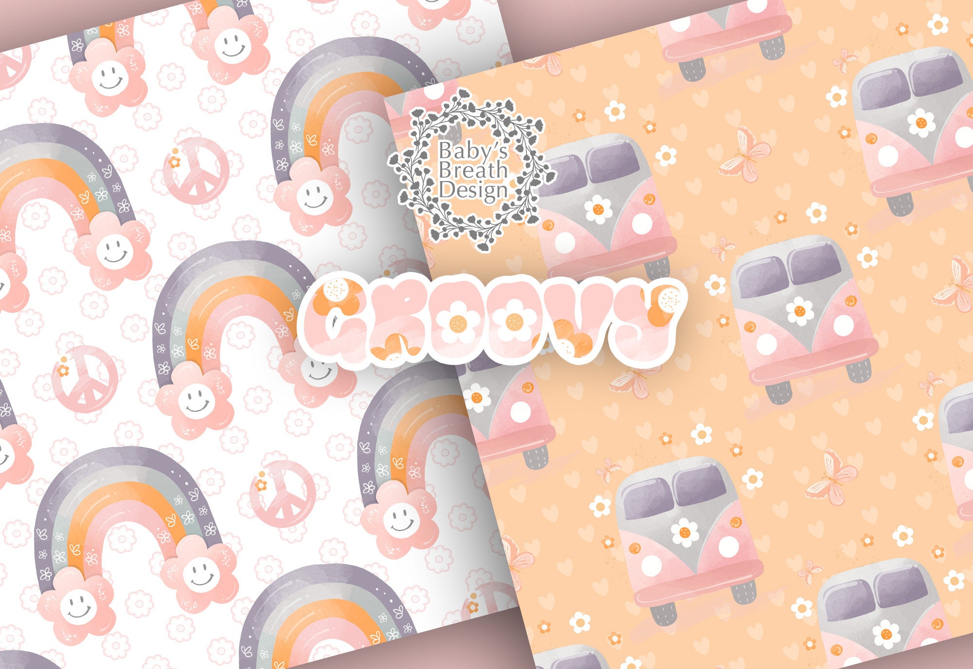 Groovy Design Retro Digital Paper Pack, Rainbow, Rainbow Clipart ...