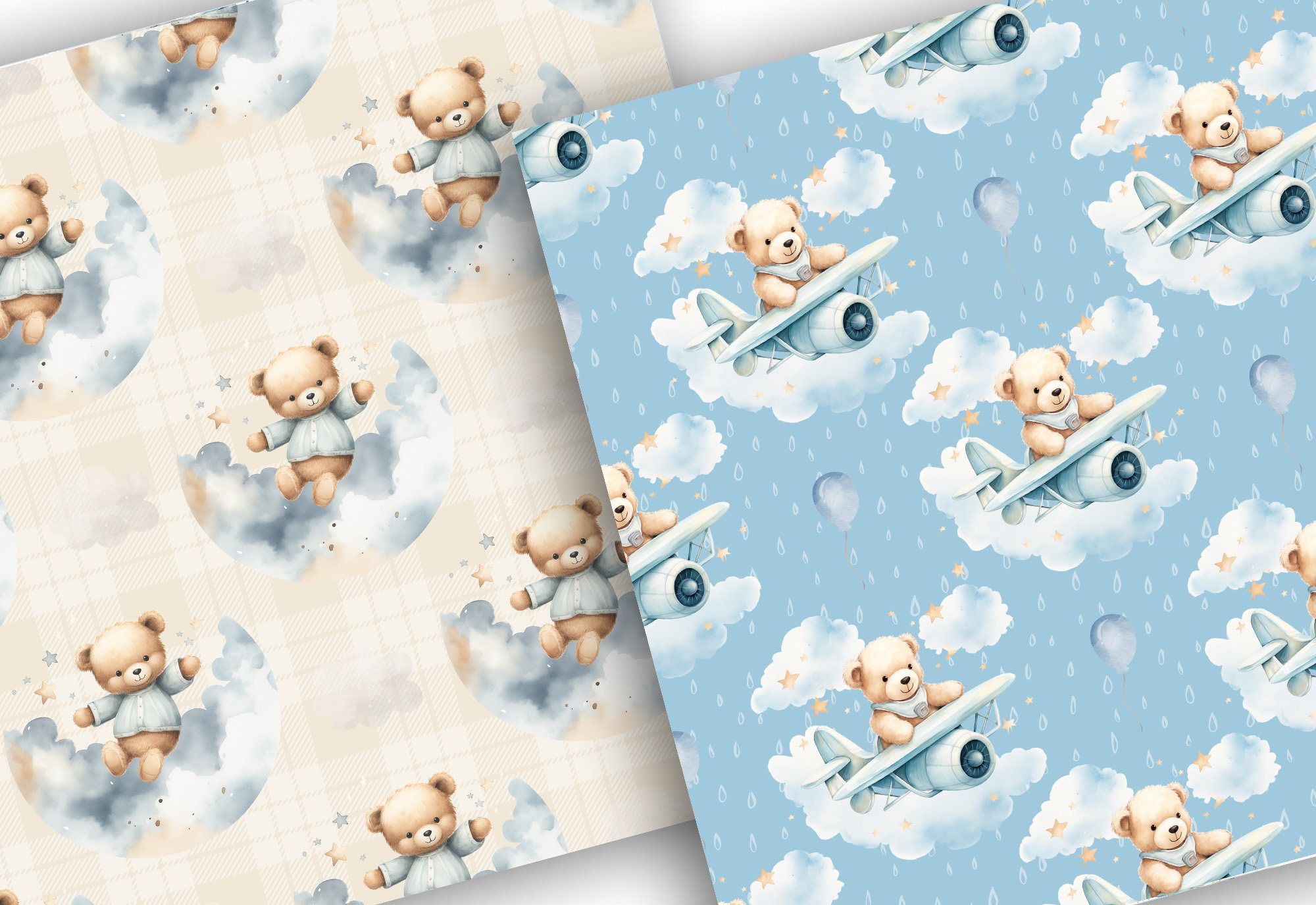 Blue Teddy Bear Digital Paper Pack, Sleepy Teddy Bears, Baby Bear, Cute ...