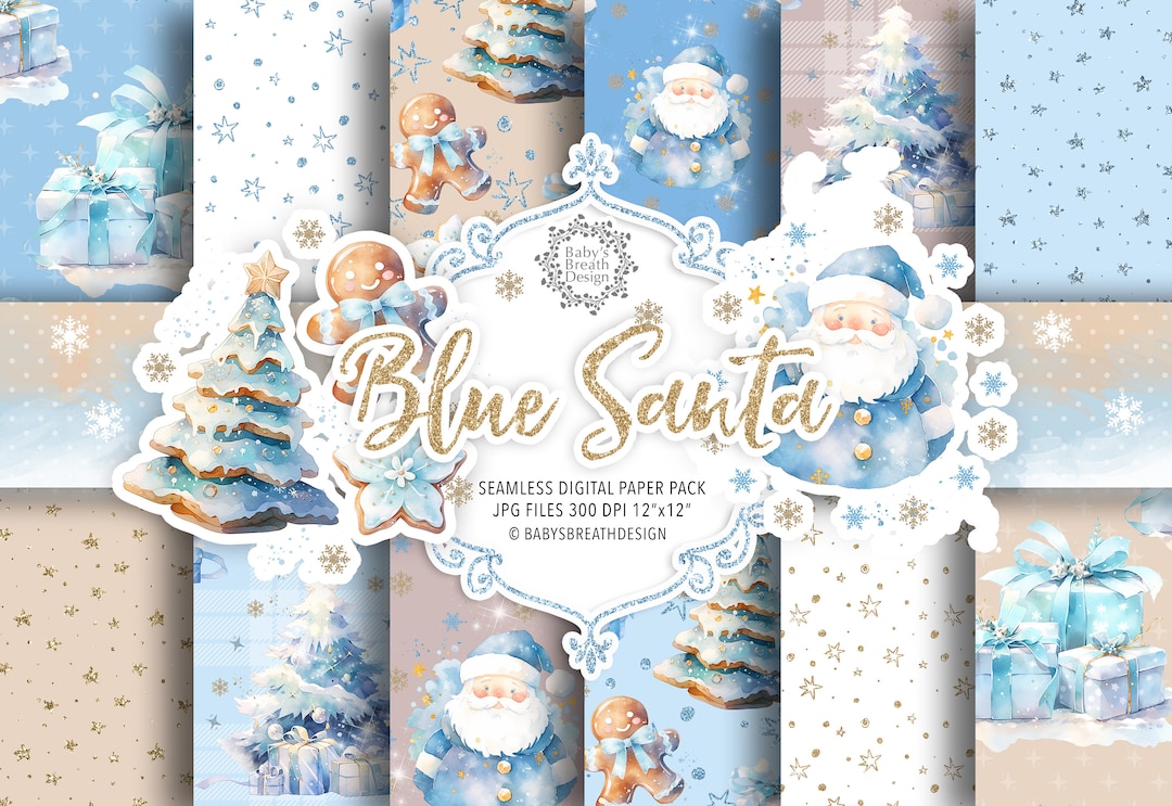 Blue Christmas Digital Paper Pack, Xmas Pattern, Cute Christmas Paper ...
