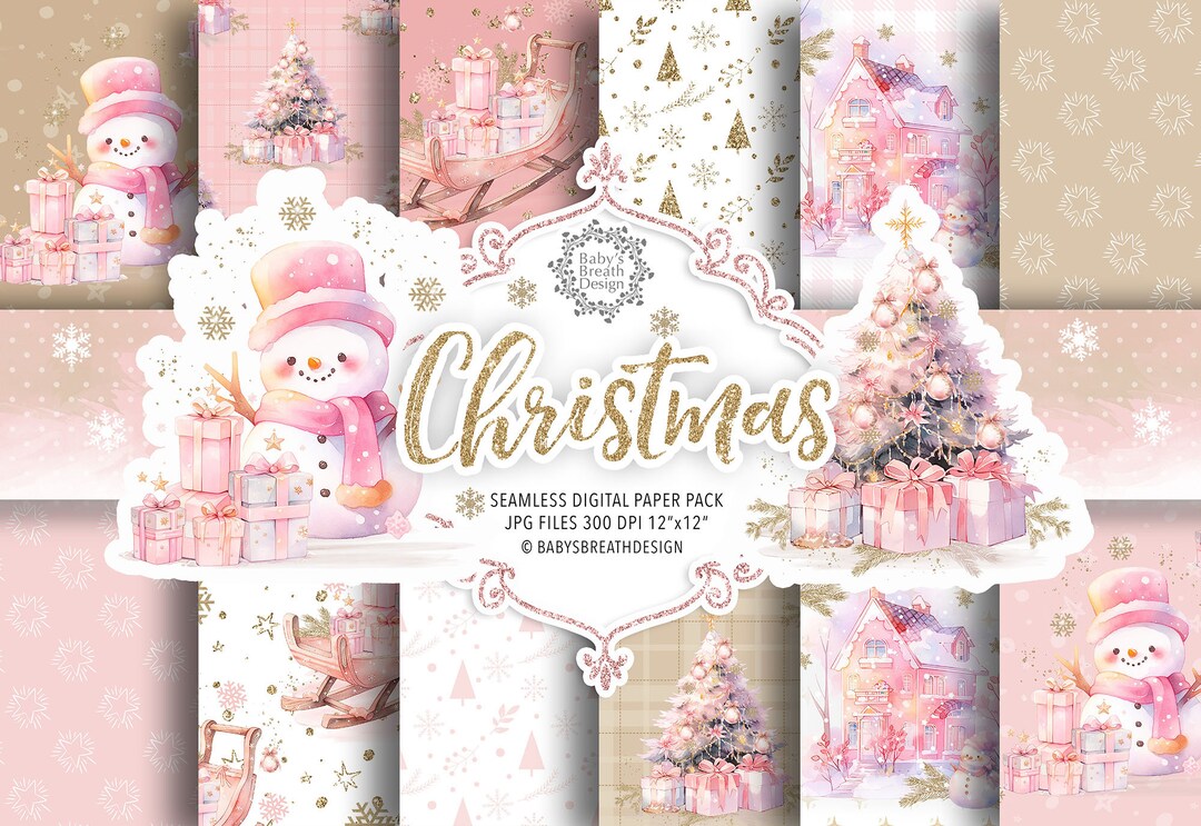 Pink Winter Digital Paper Pack, Xmas Pattern, Cute Christmas Pattern ...