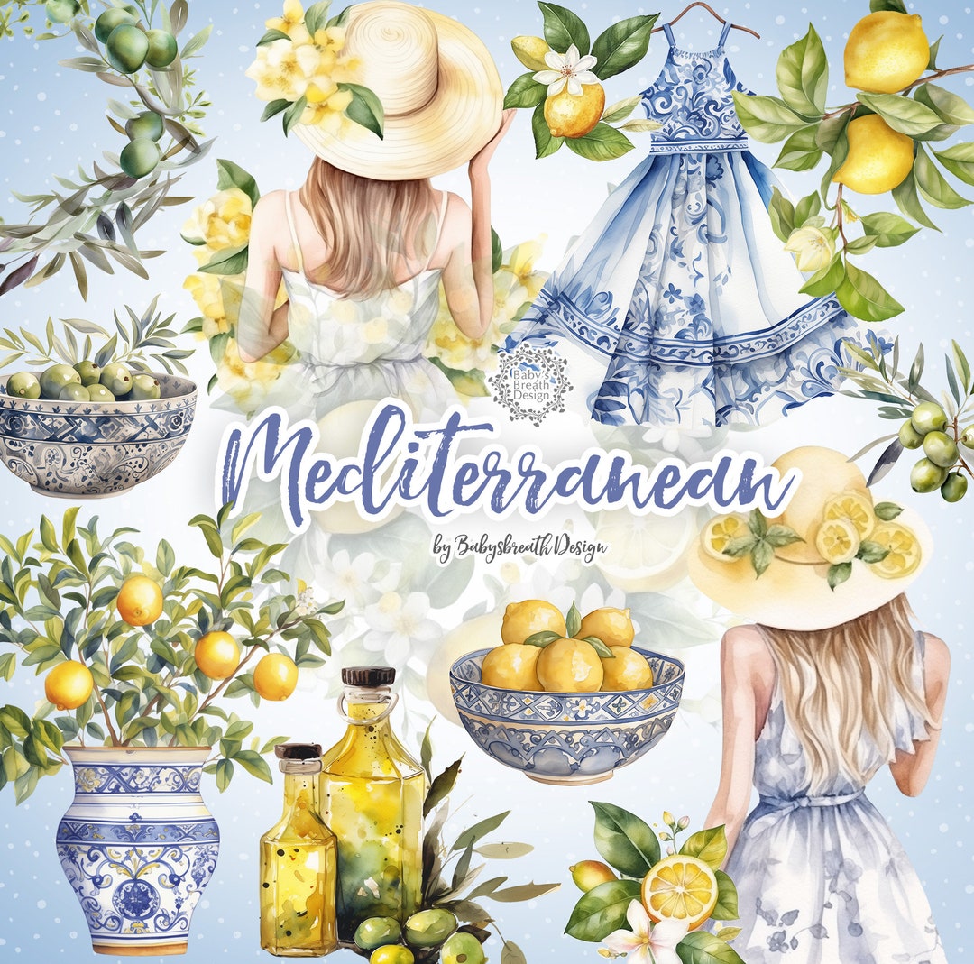 Mediterranean Watercolor Clipart Bundle, Mediterranean Tile Seamless Pattern, Lemon Clipart ...