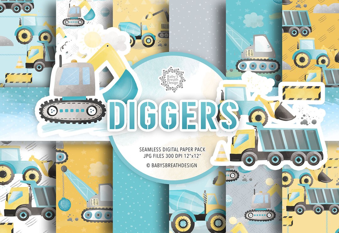 Watercolor Construction Diggers Digital Paper Pack, Dump Truck ...