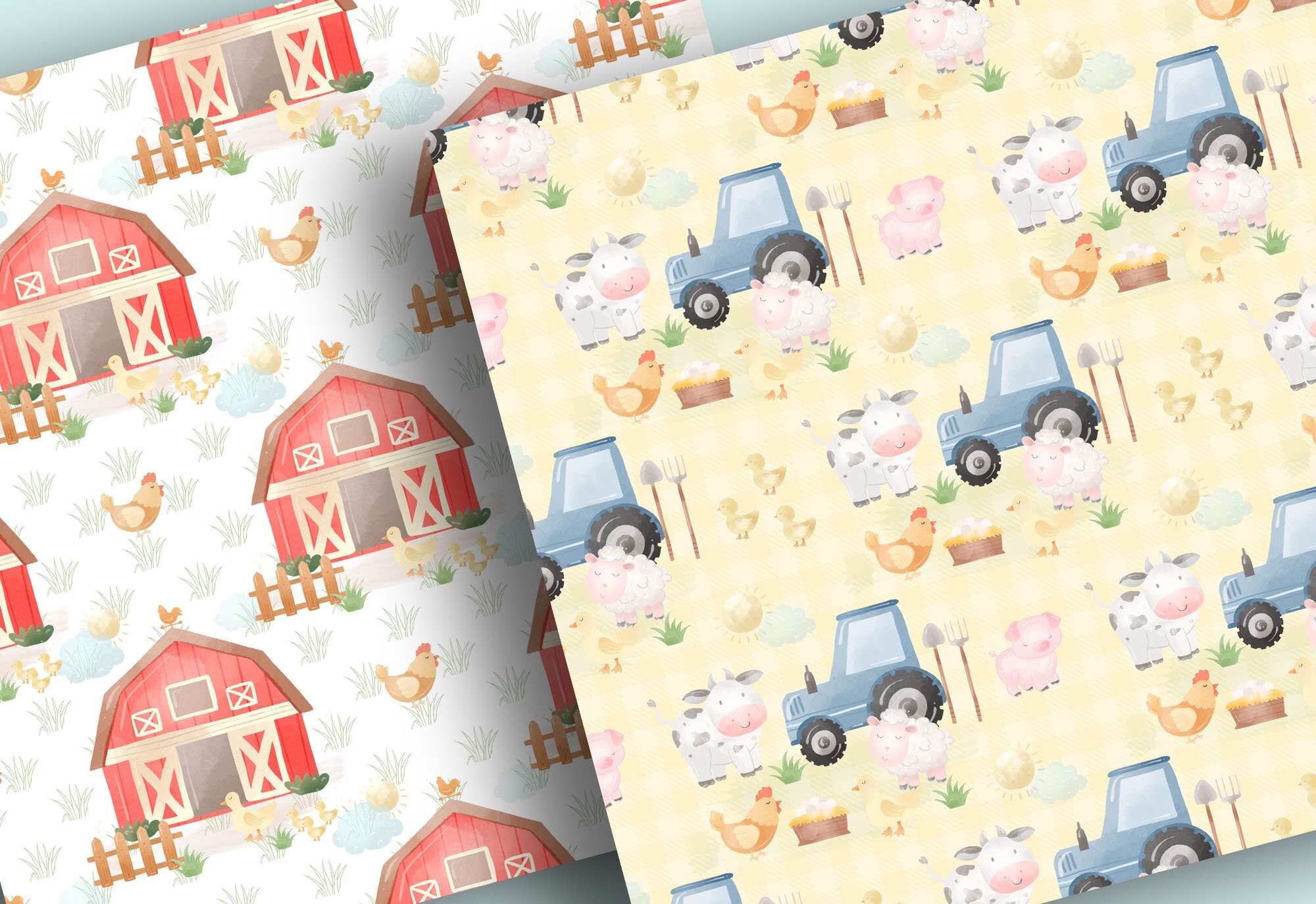 Watercolor Cute Farm Digital Paper Pack, Nursery Pattern, Tractor ...