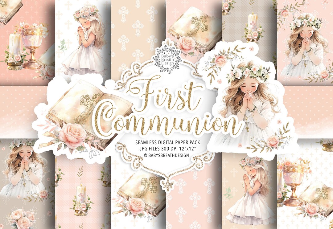 Watercolor First Communion Digital Paper Pack, Watercolor First ...