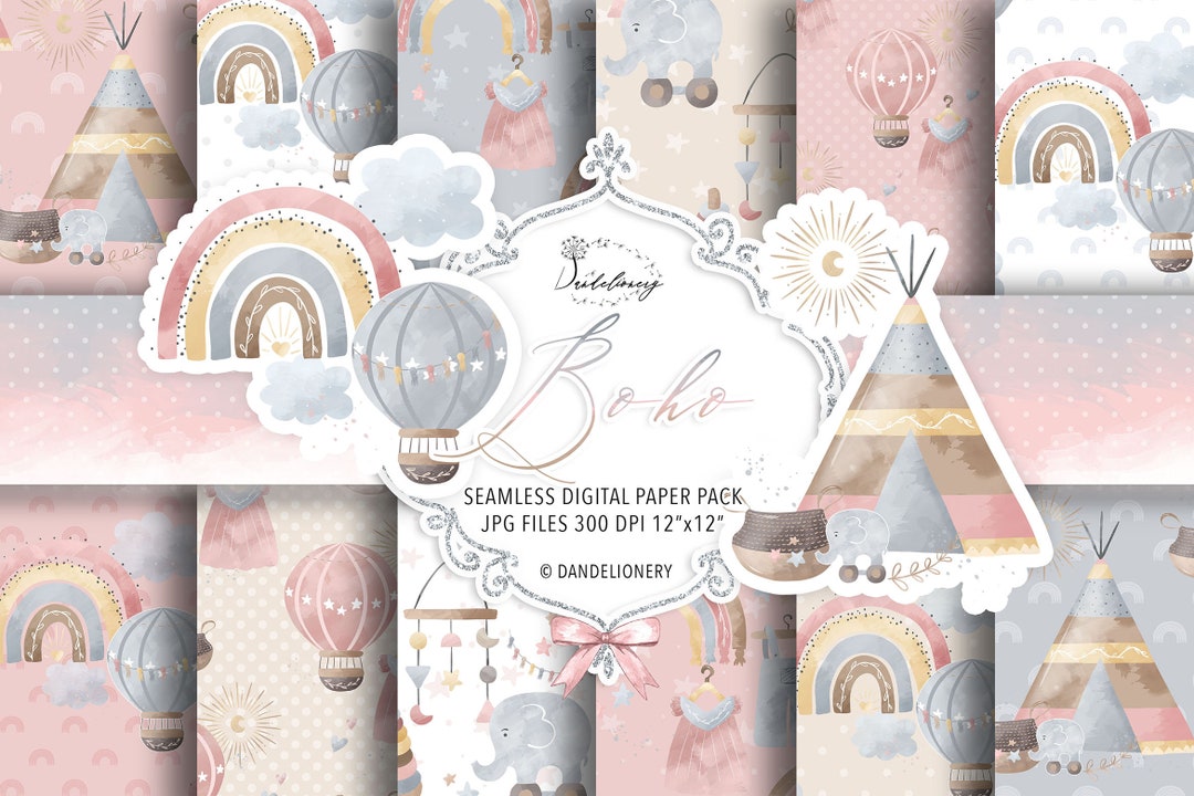 Watercolor Boho Rainbow Digital Paper Pack, Rainbows Pattern, Baby ...