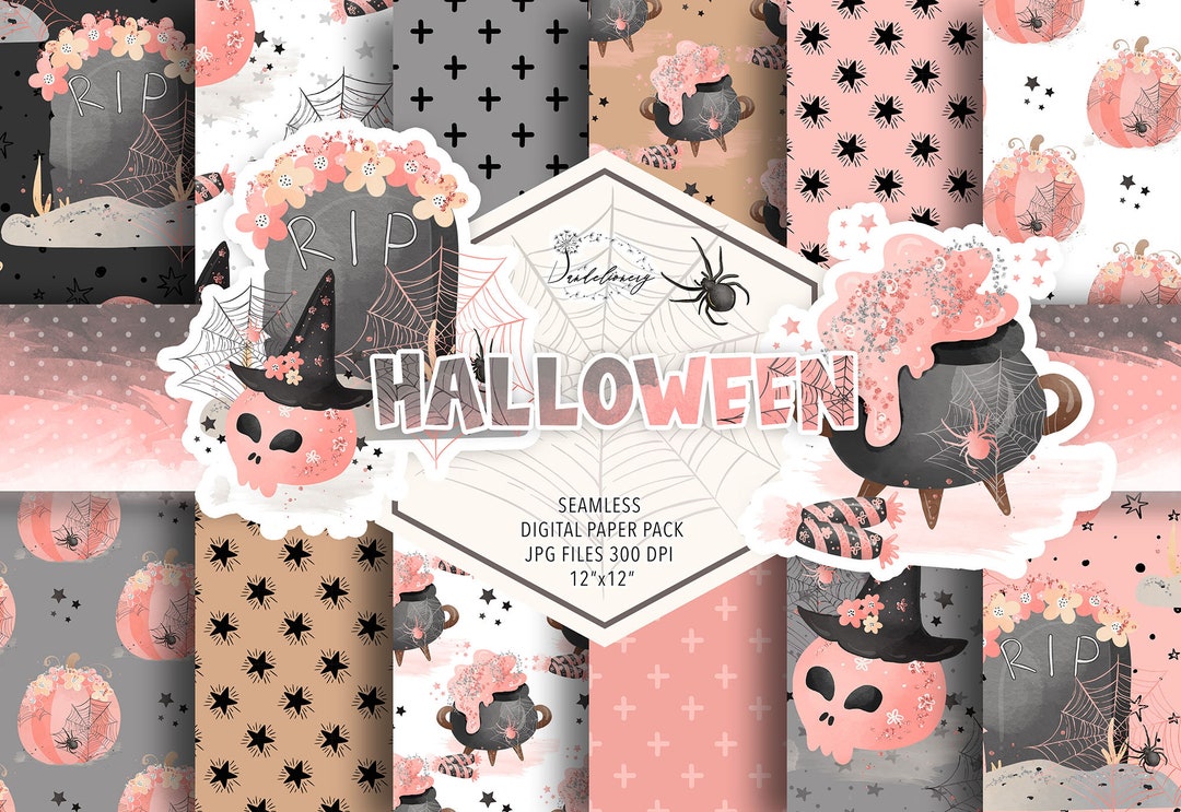 Watercolor Pink Halloween Digital Paper Pack, RIP Pattern, Pumpkin ...