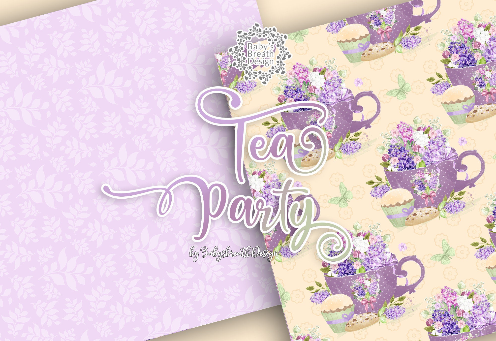 Watercolor Tea Party Digital Paper Pack, Tea Watercolor Flower, Purple ...