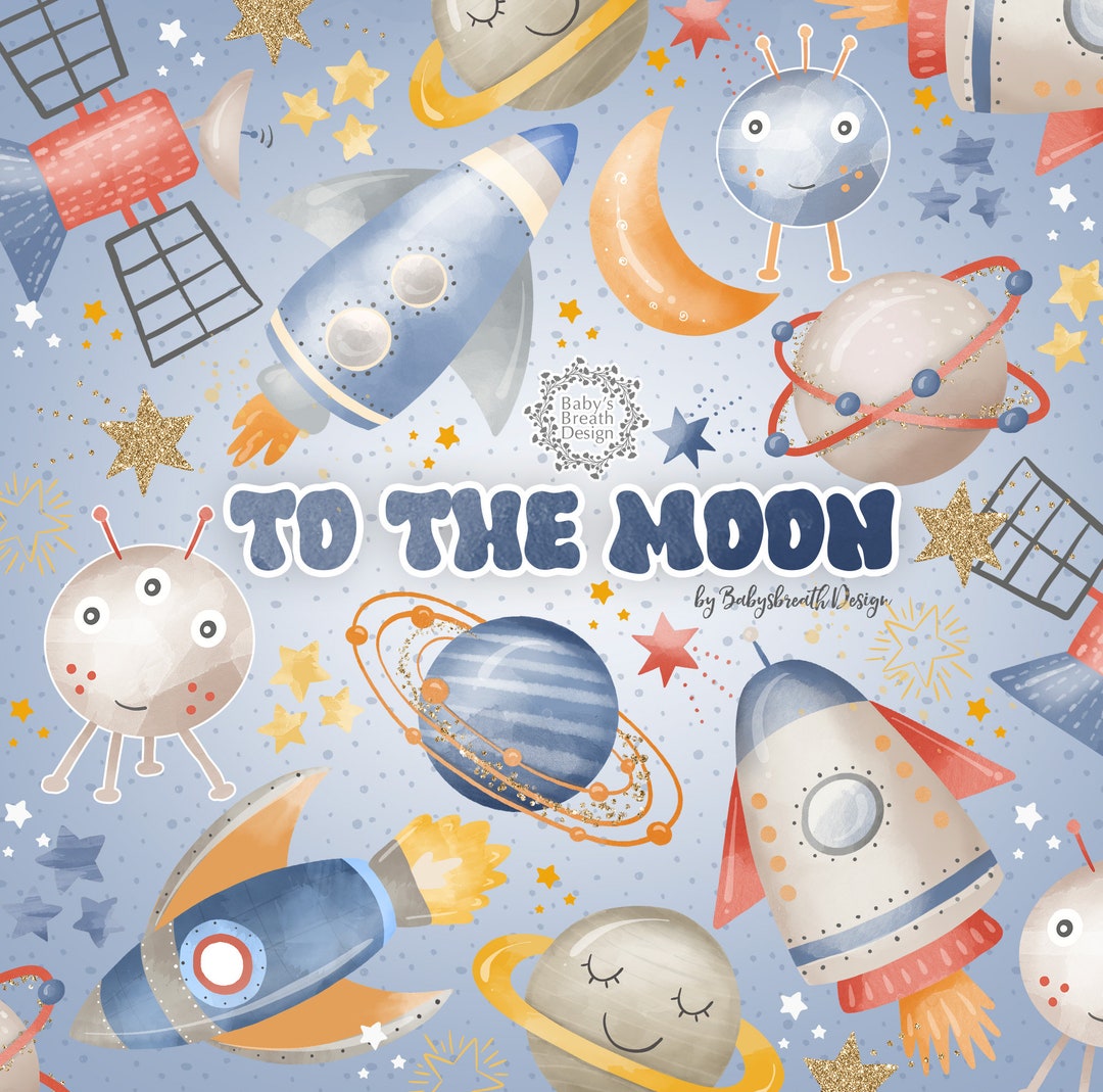 Watercolor to the Moon Clipart, Space Clipart, Satellite, Boy, Kids ...
