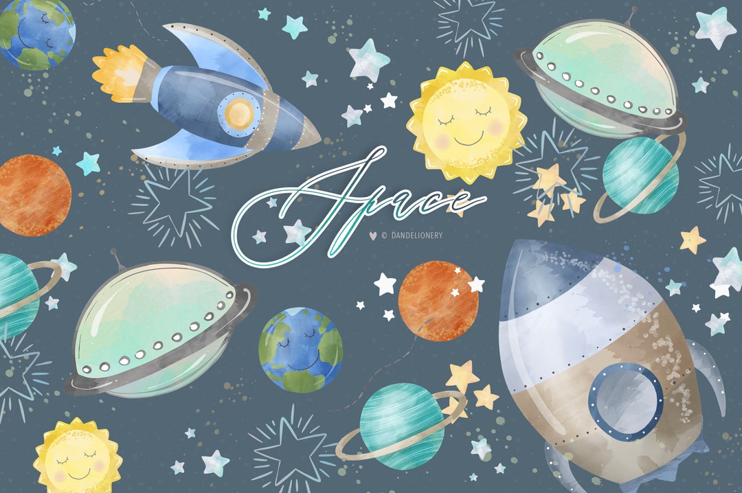 Watercolor to the Moon Clipart, Space Clipart, Satellite, Boy, Kids ...