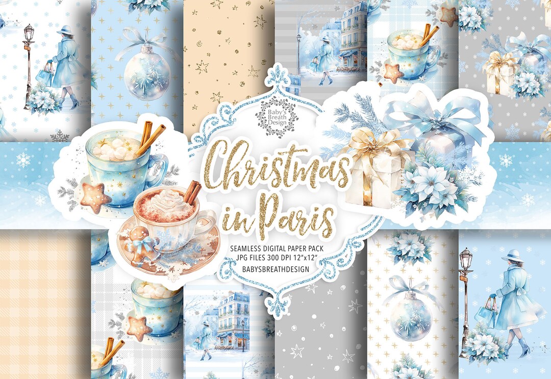 Christmas in Paris Blue Digital Paper Pack, Xmas Pattern, Christmas ...