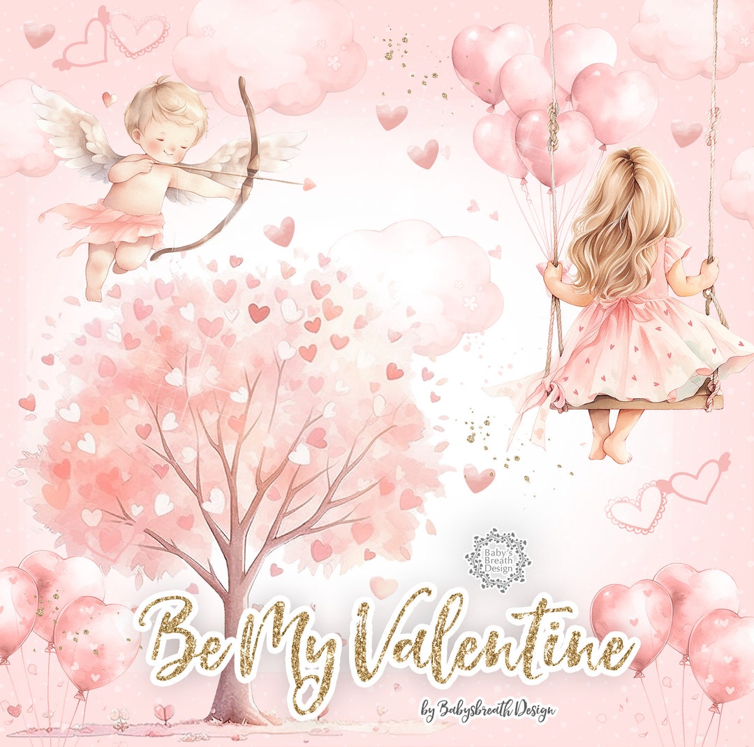 Watercolor Little Girl and Cupido Valentines Digital Design, Valentine ...