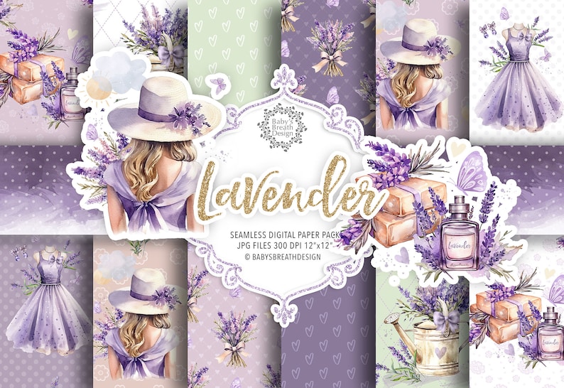 Watercolor Lavender Digital Paper Pack, Lavender Pattern, Flower ...