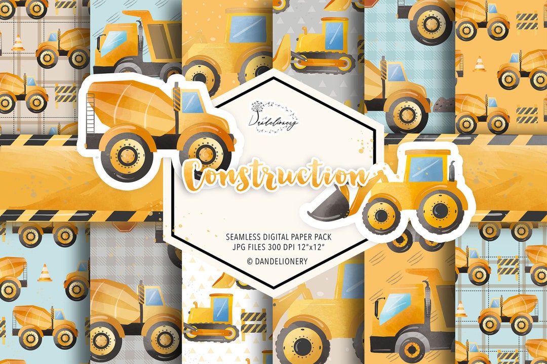 Watercolor Construction Diggers Digital Paper Pack, Dump Truck ...