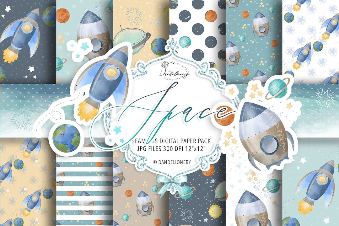 Watercolor to the Moon Digital Paper Pack, Space Pattern, Satellite ...