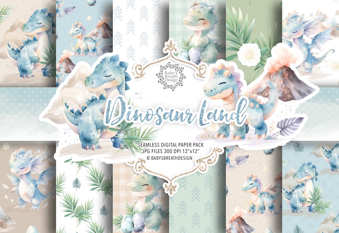 Watercolor Dino Digital Paper Pack, Dinosaur Pattern, PNG, Baby ...
