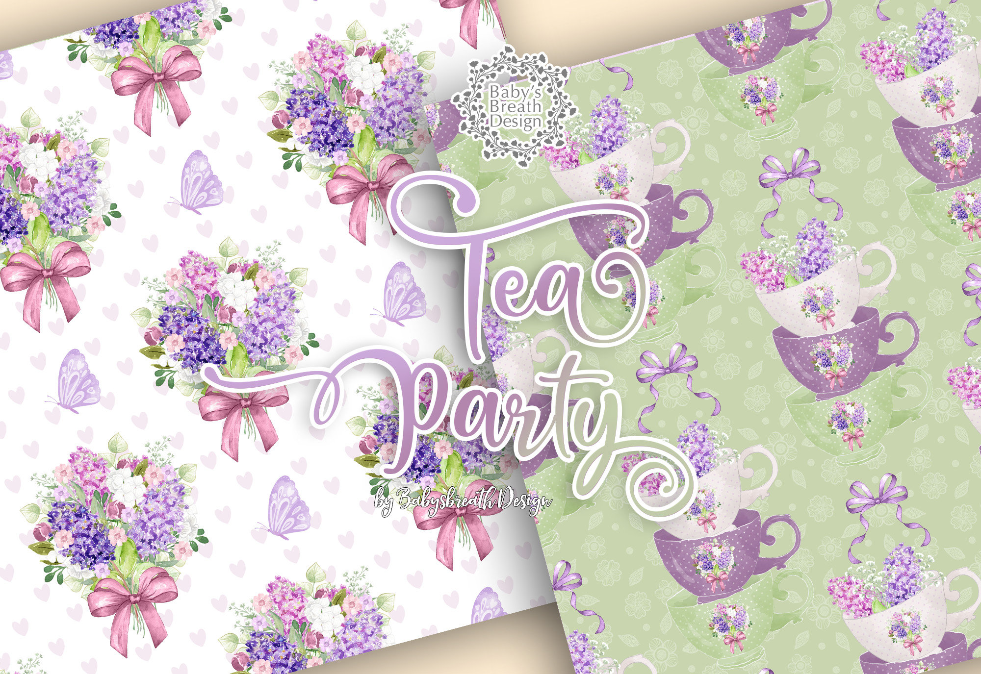 Watercolor Tea Party Digital Paper Pack, Tea Watercolor Flower, Purple ...