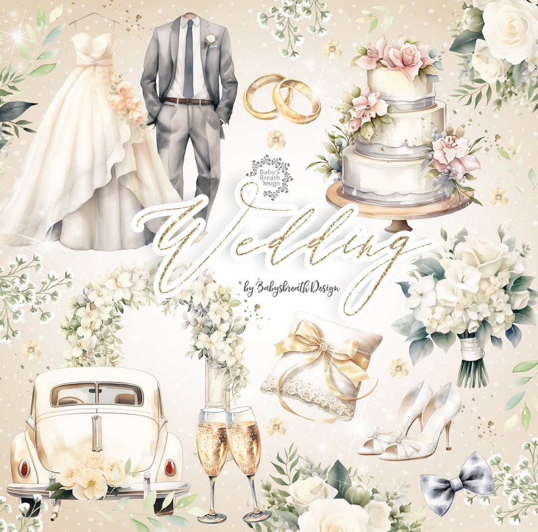 Watercolor Ivory Wedding Digital Design, Wedding Clipart, Romantic ...