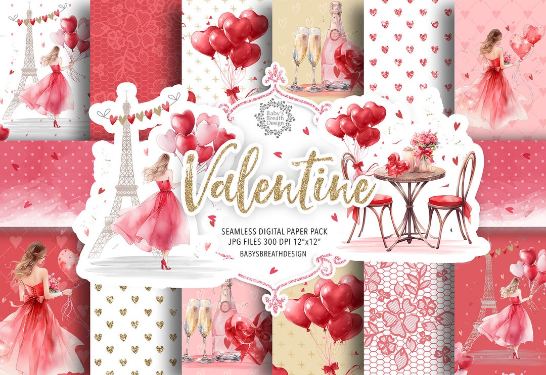 Watercolor Red Valentines Digital Paper Pack, Valentine Pattern ...