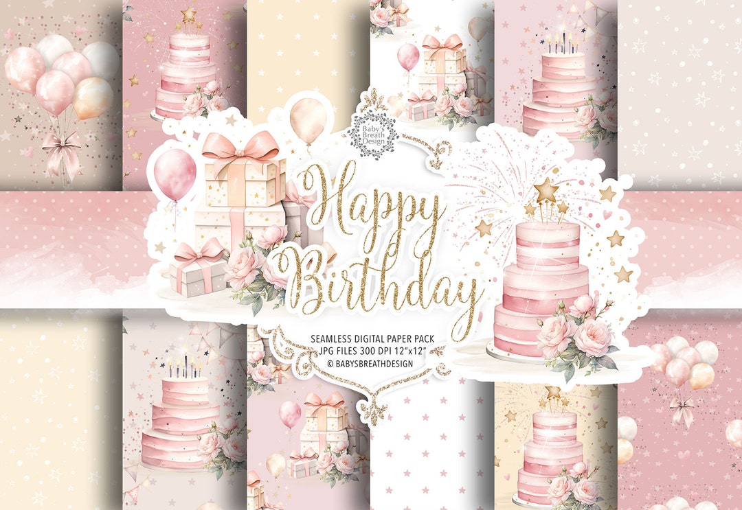 Watercolor Happy Birthday Digital Paper Pack, Pattern, Happy Birthday ...