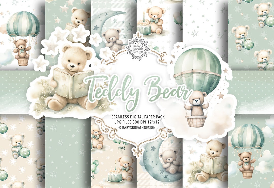 Green Teddy Bear Digital Paper Pack, Sleepy Teddy Bears, Baby Bear ...