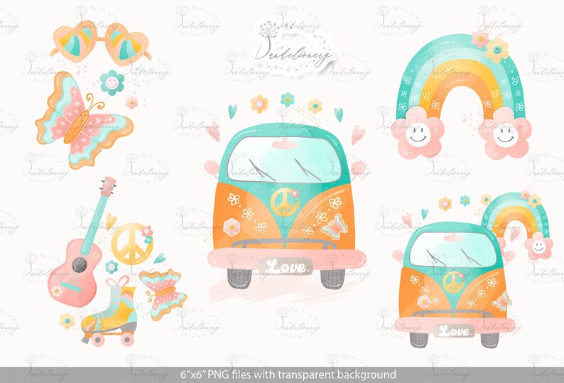 Watercolor Groovy, Retro, Rainbow, Rainbow Clipart, Hippie Car, Hippie ...