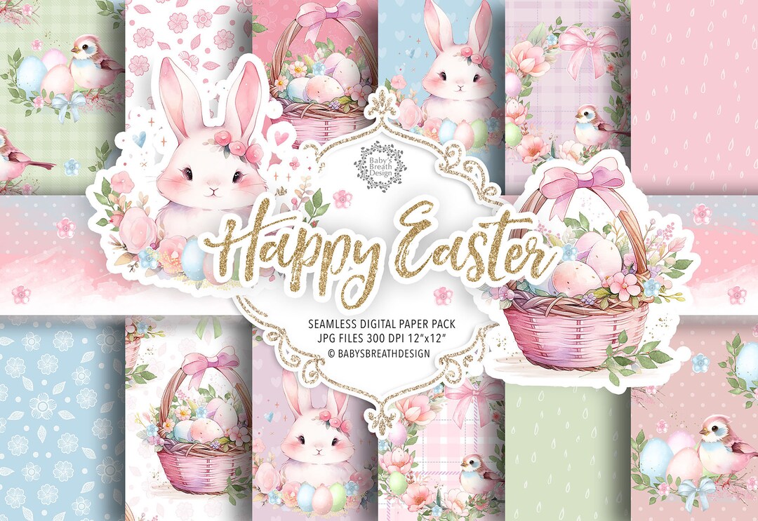 Watercolor Happy Easter Digital Paper Pack, Spring Pattern, Romantic ...