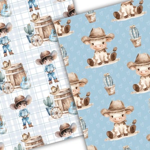 Watercolor Cute Cowboy Digital Paper Pack, Baby Cowboy Pattern, Wild ...
