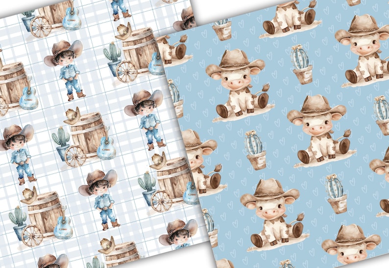 Watercolor Cute Cowboy Digital Paper Pack, Baby Cowboy Pattern, Wild ...