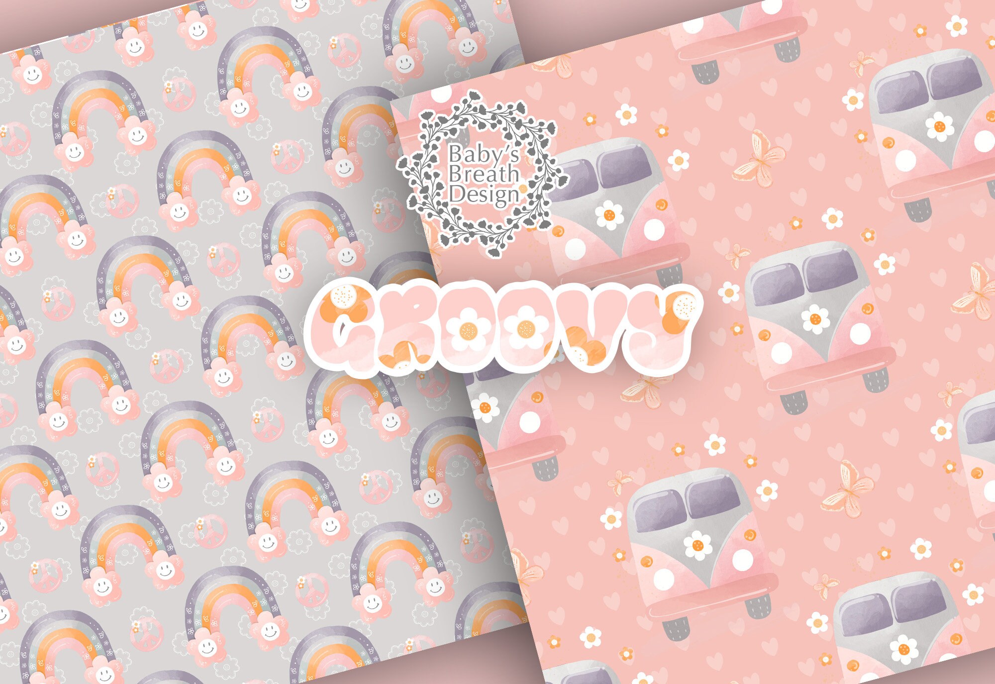 Groovy Design Retro Digital Paper Pack, Rainbow, Rainbow Clipart ...