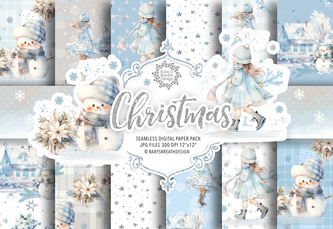 Blue Christmas Digital Paper Pack, Xmas Pattern, Cute Christmas Pattern ...