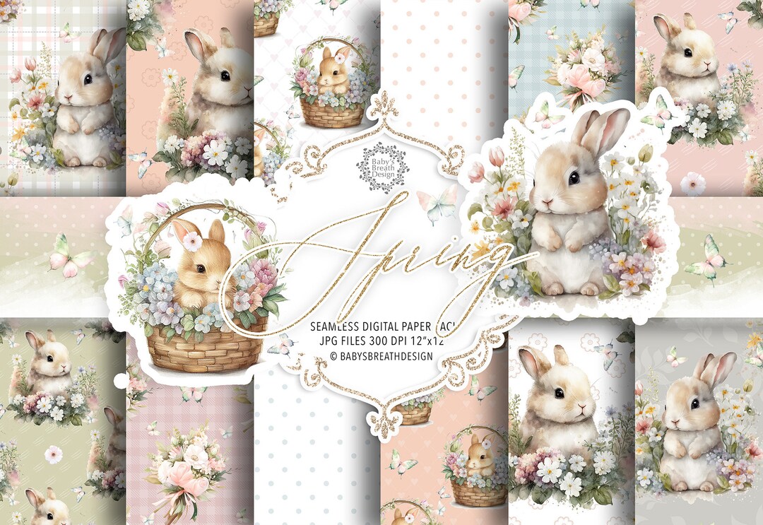 Watercolor Spring Bunny Digital Paper Pack, Spring Pattern, Spring ...