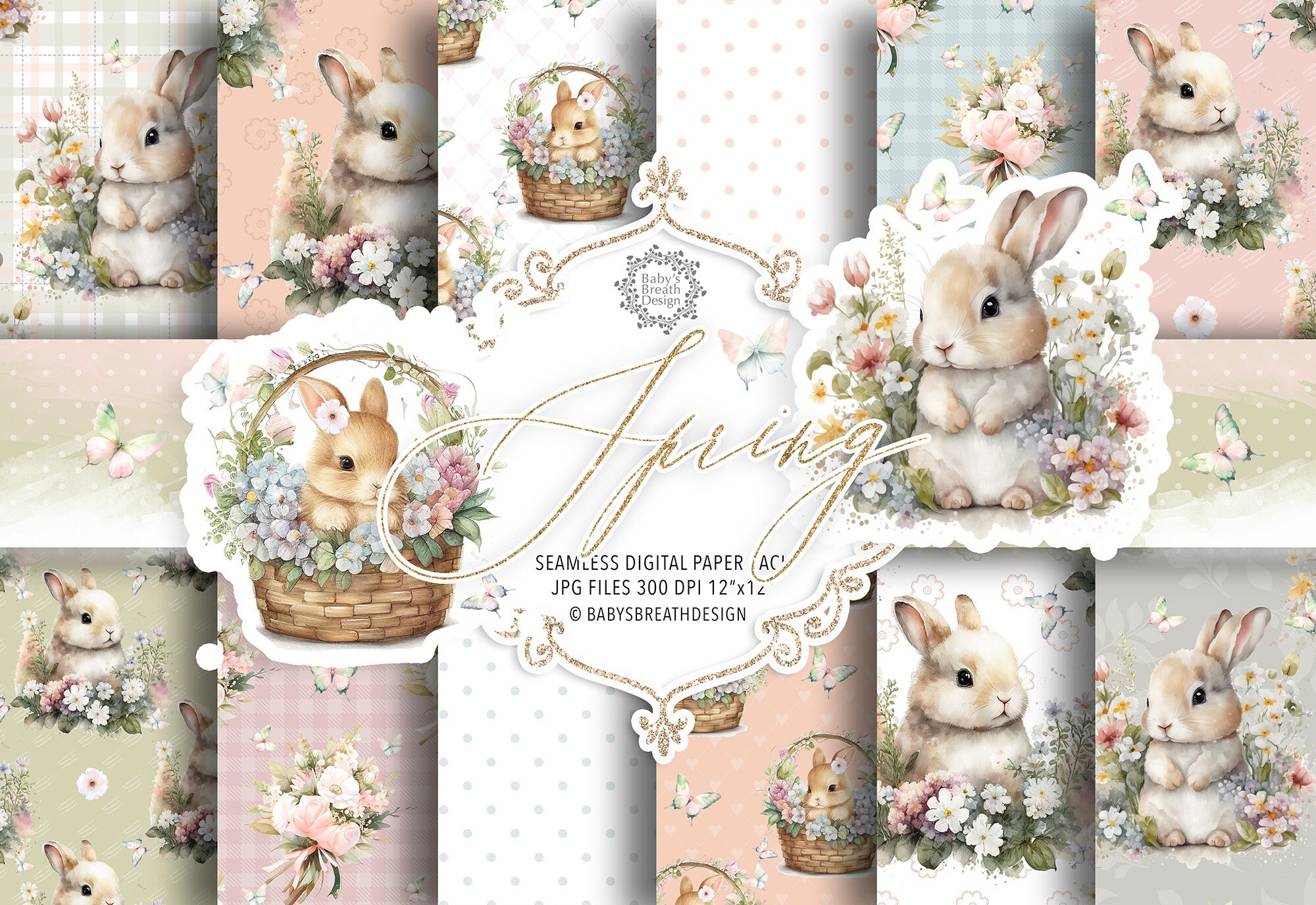 Watercolor Spring Bunny Digital Paper Pack, Spring Pattern, Spring ...