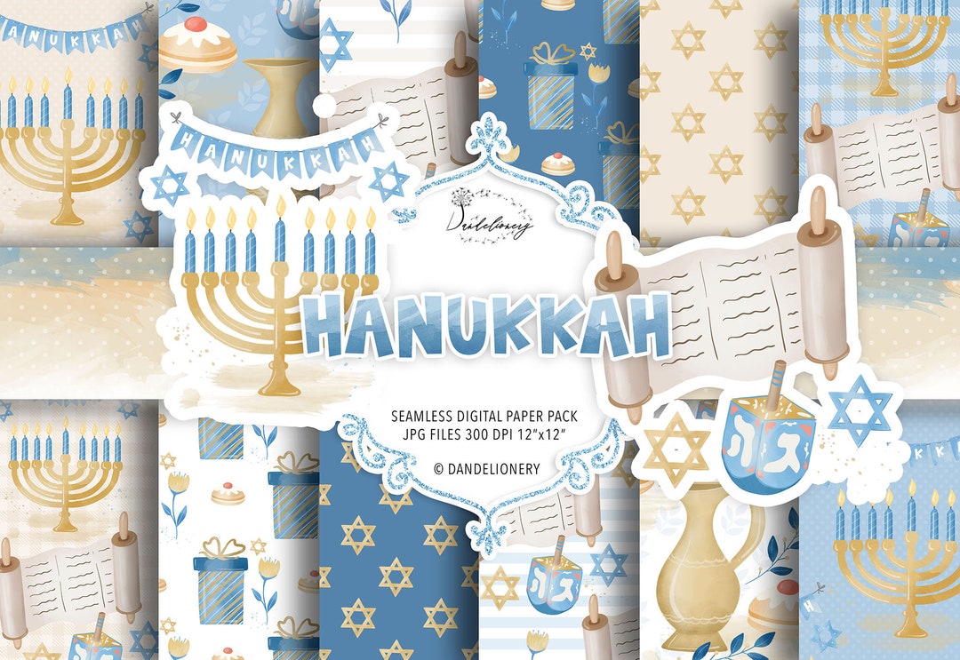 Watercolor Hanukkah Digital Paper Pack, Manorah, Hanukkah Pattern ...