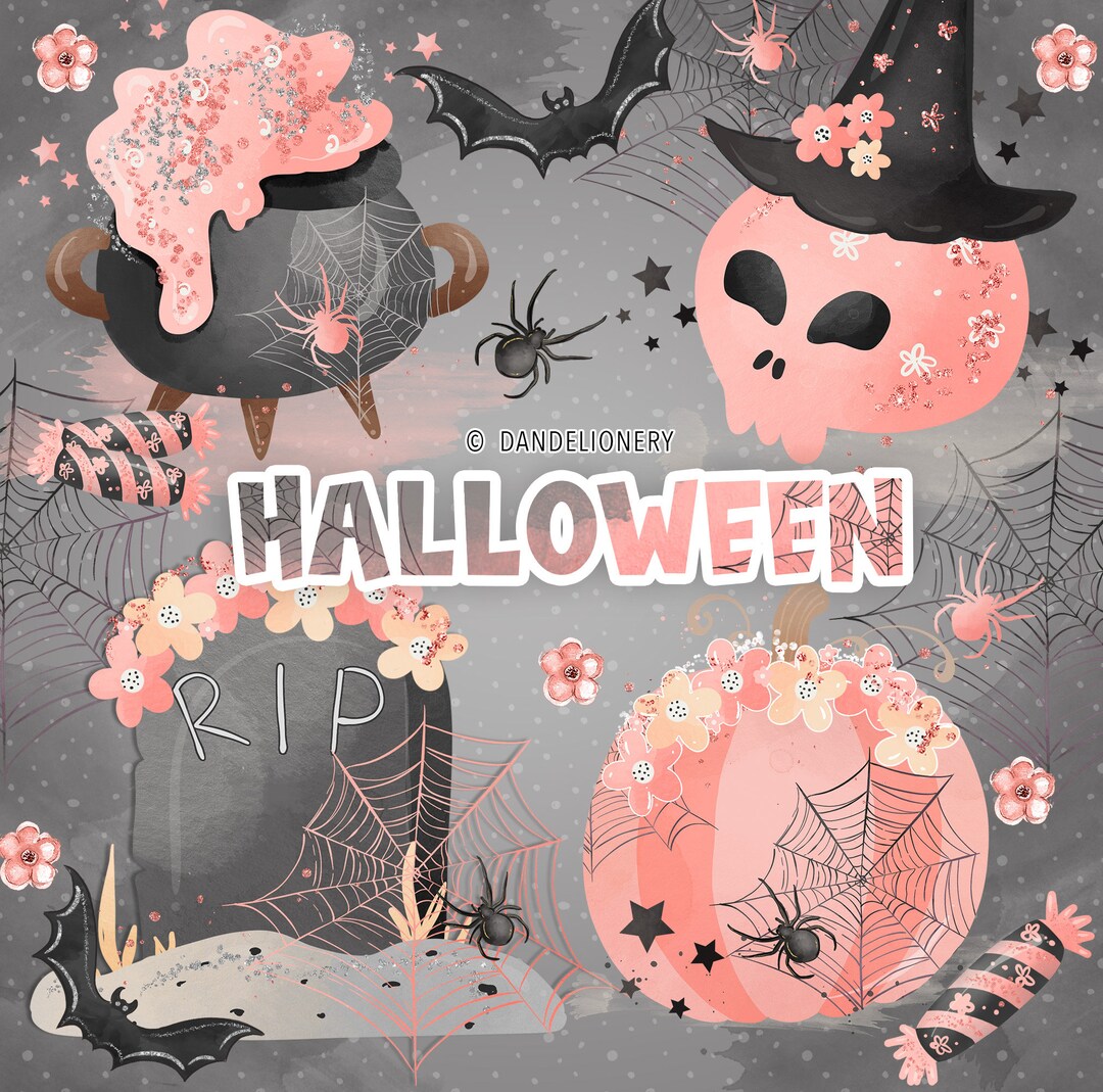 Watercolor Pink Halloween Design RIP Clipart Pumpkin - Etsy