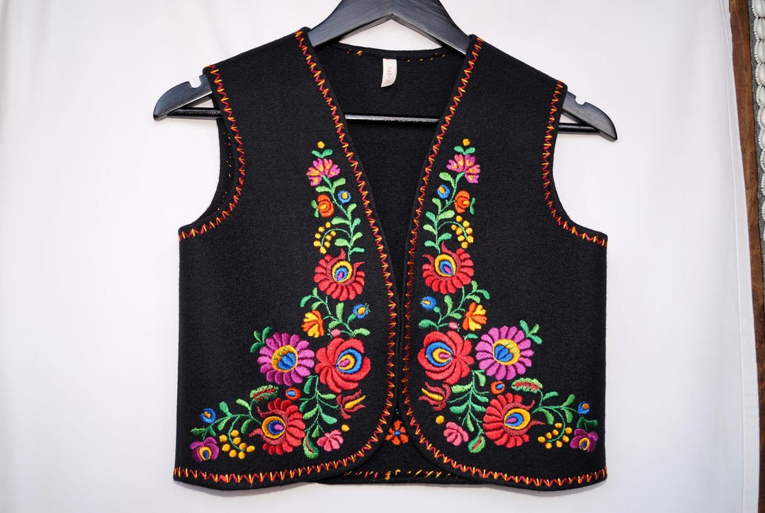 Hungarian Black Matyo Girl Vest, Floral Hand Embroidered Vest, Black ...