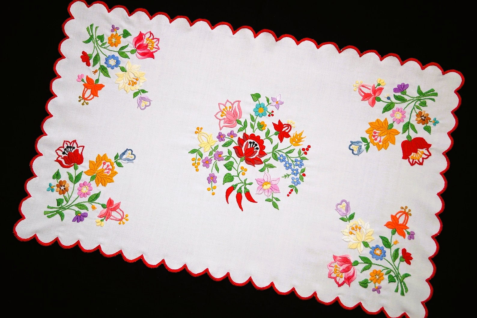 Hungarian Kalocsa Table Runner 64/ 40 Cm, Hand Embroidered Home Decor ...