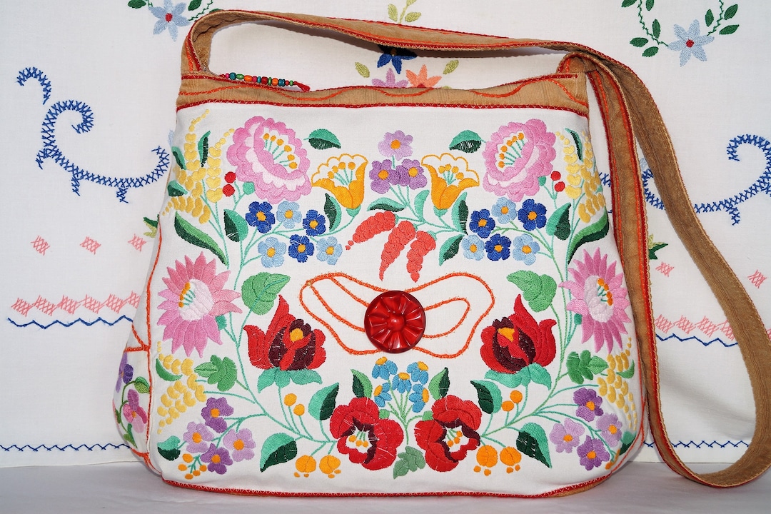 Hungarian Kalocsa Floral Crossbody Bag, Hand Embroidered Bohemian Bag ...