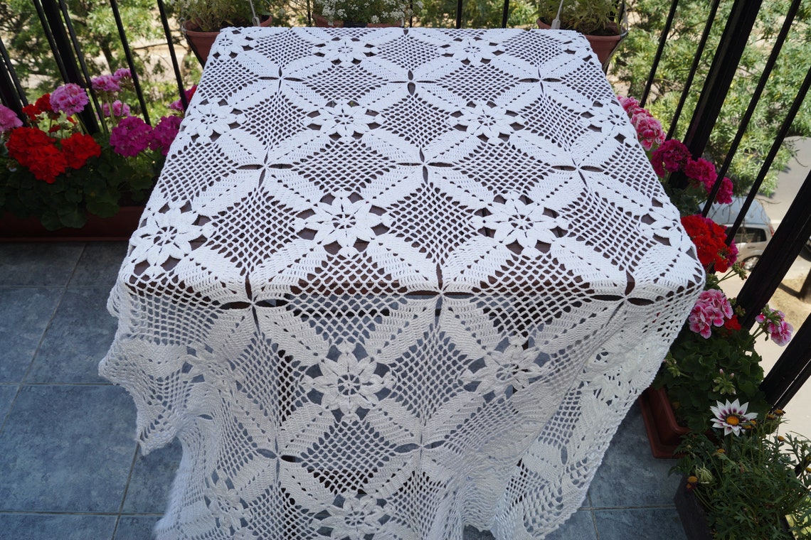 White Crochet Rectangle Tablecloth 145 Cm./ 90 Cm. Table | Etsy