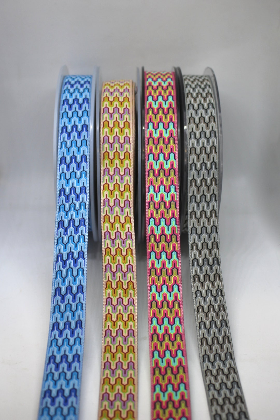 Ribbon - Fancy Woven Ribbon in an Art Deco Style Pattern - Grey, Pink ...