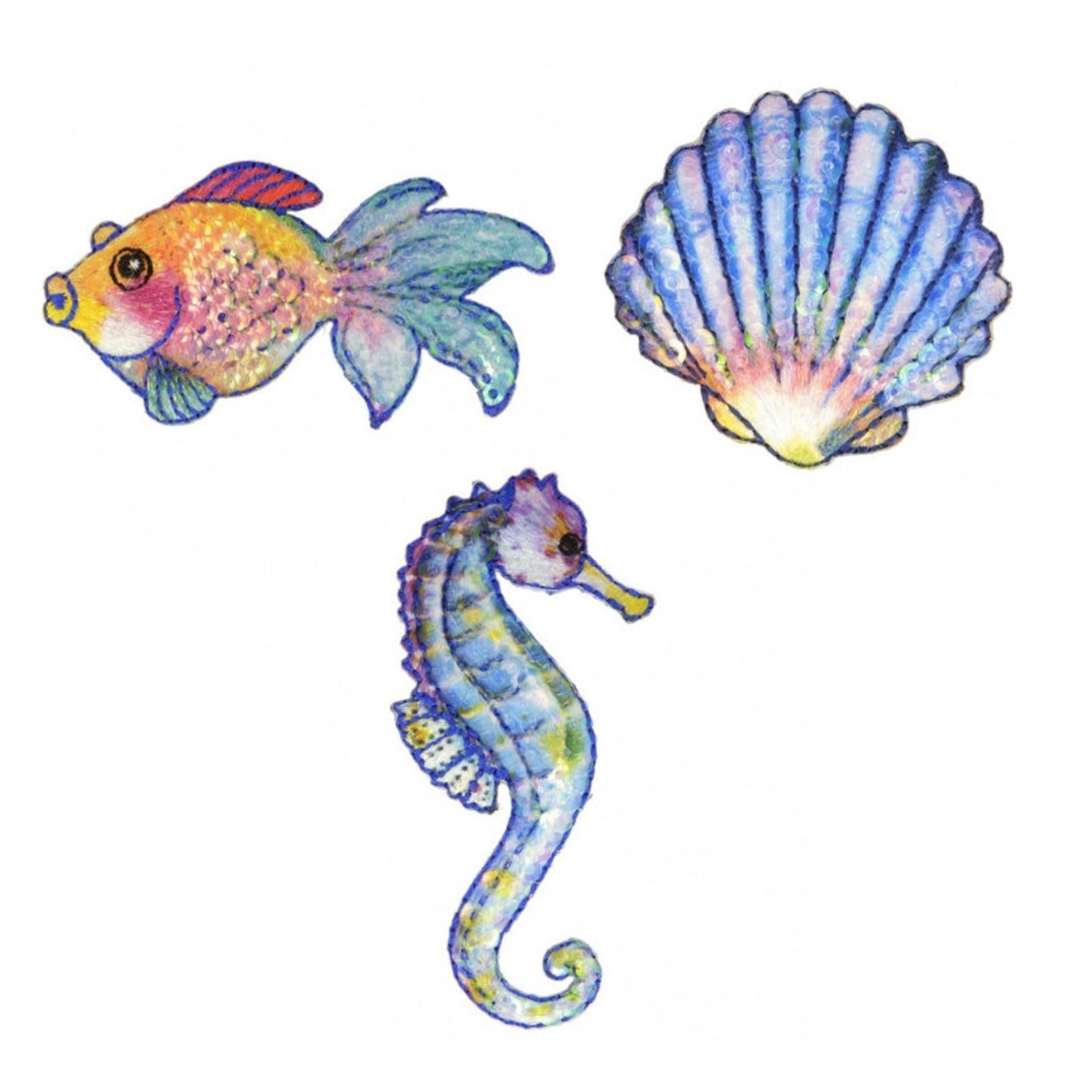 Iridescent Sequin Embroidered Underwater Motifs - Seahorse, Shell ...