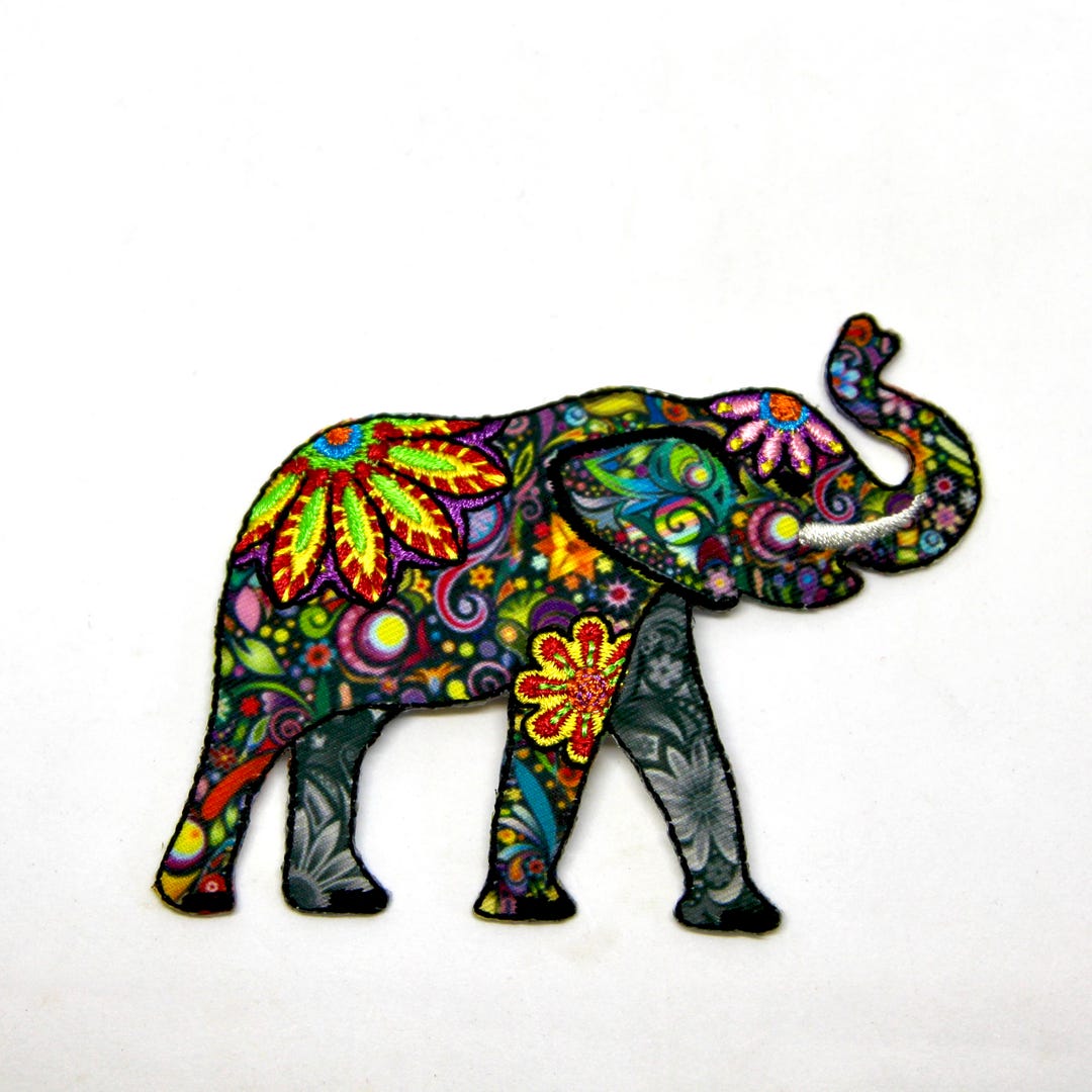 Psychedelic Elephant Iron on Motif Embroidered Applique Patch Measures ...