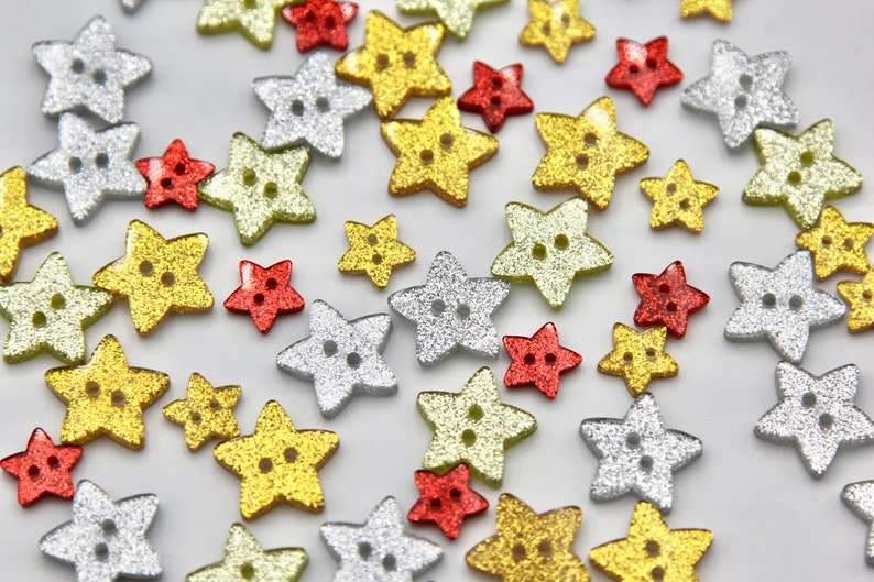 Pair of Star Shaped Buttons - Gold/silver/red Glitter - Plastic Two ...